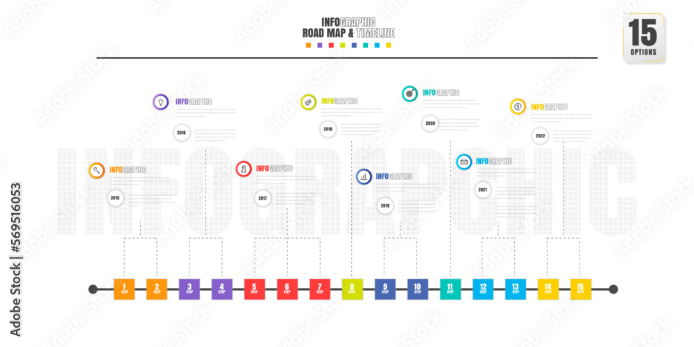 Timeline infographics design template with 15 options, process diagram ...