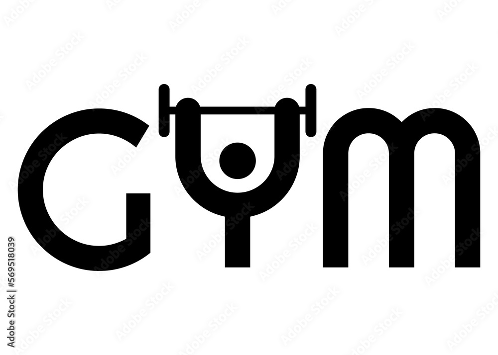 Logo gimnasio. Palabra GYM con letra Y con forma de hombre con barra ...