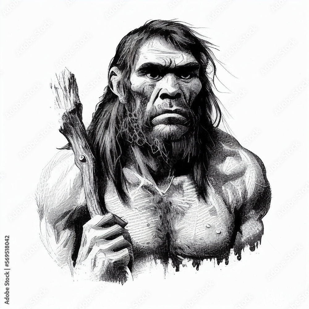 Portrait of an ancient prehistoric Neanderthal man, black and white ...