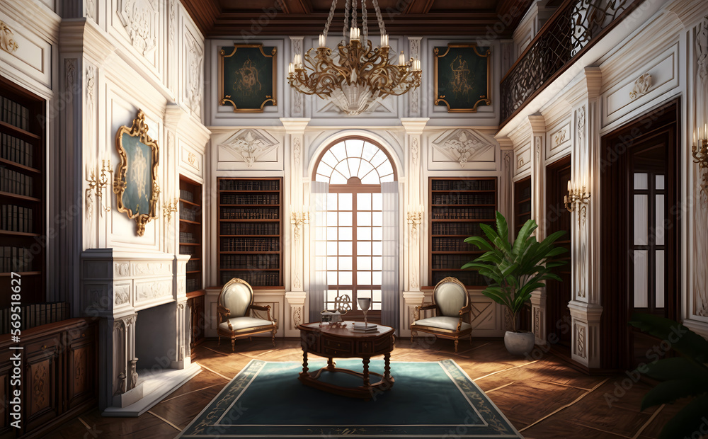 French renaissance palace interior. King and Queen royal study, royal ...