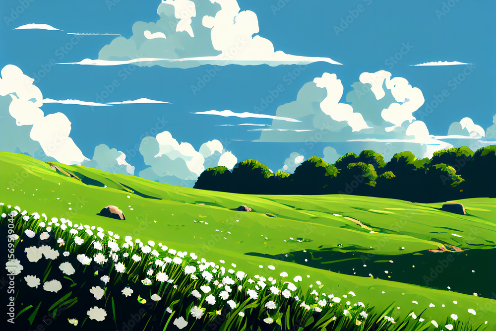 Carton meadow spring landscape background scenery of a springtime green ...