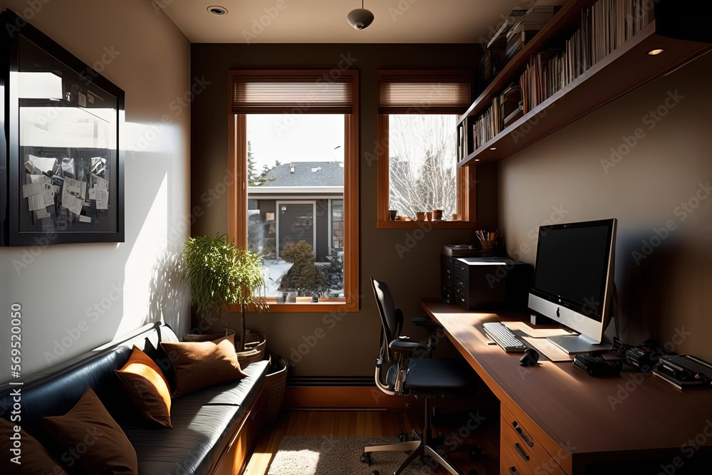 illustration of small house interior design, office area use double ...