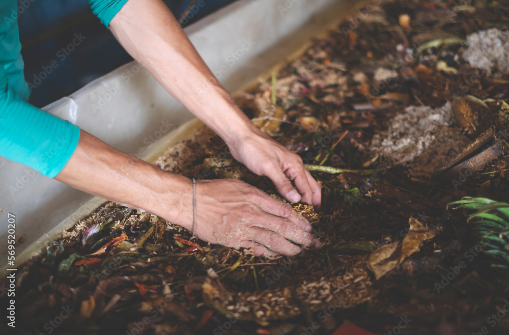 Hand digging soil full of worm. Concept of biodegradable, decomposition ...