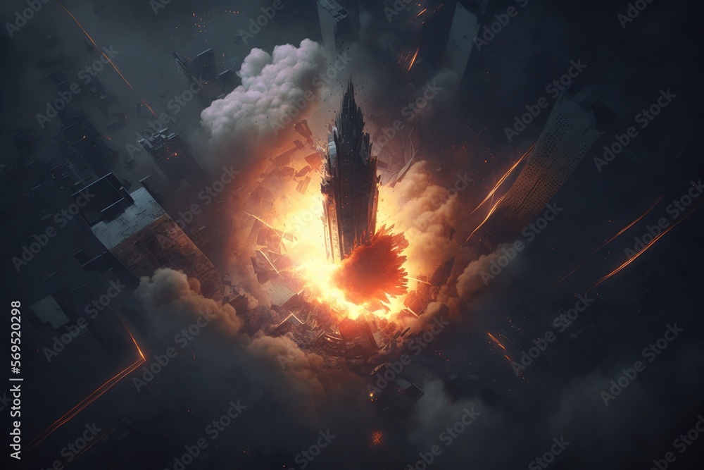 A war large rocket explosion in the middle of a city. Generative Ai art ...