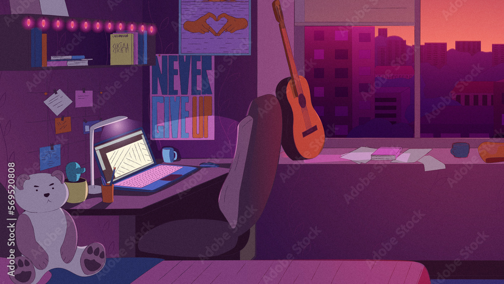 Lofi illustration, room, line, grain, purple colors, lo fi, work place ...