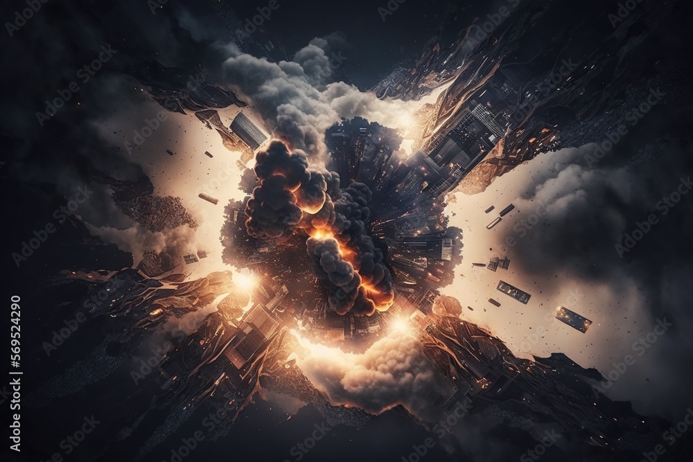 A war large rocket explosion in the middle of a city. Generative Ai art ...