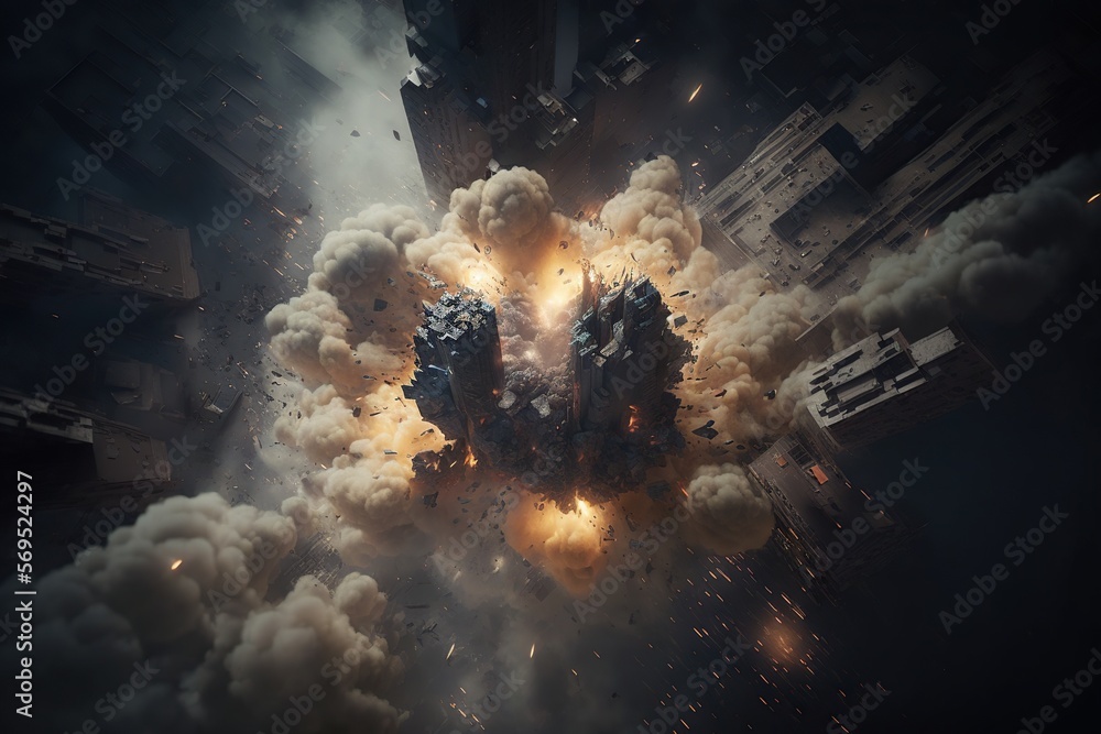 A war large rocket explosion in the middle of a city. Generative Ai art ...