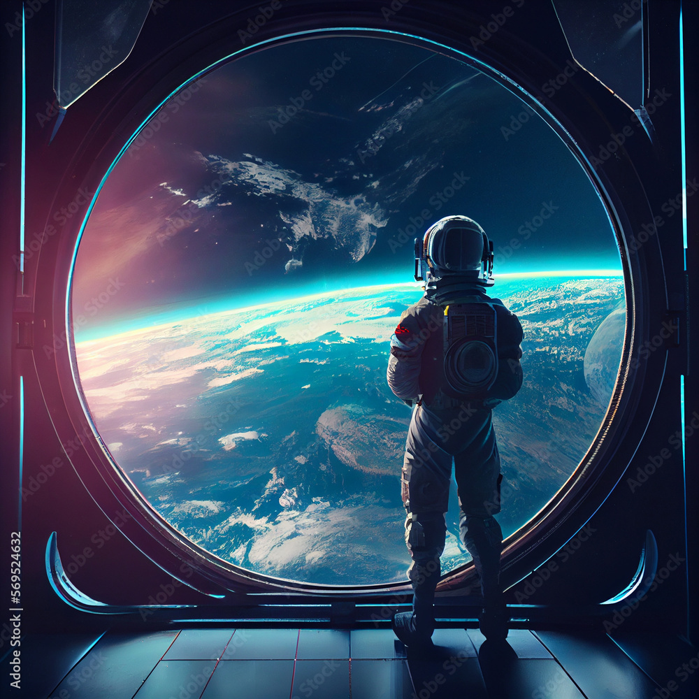 Astronaut from the porthole of the orbital space station looks at the ...