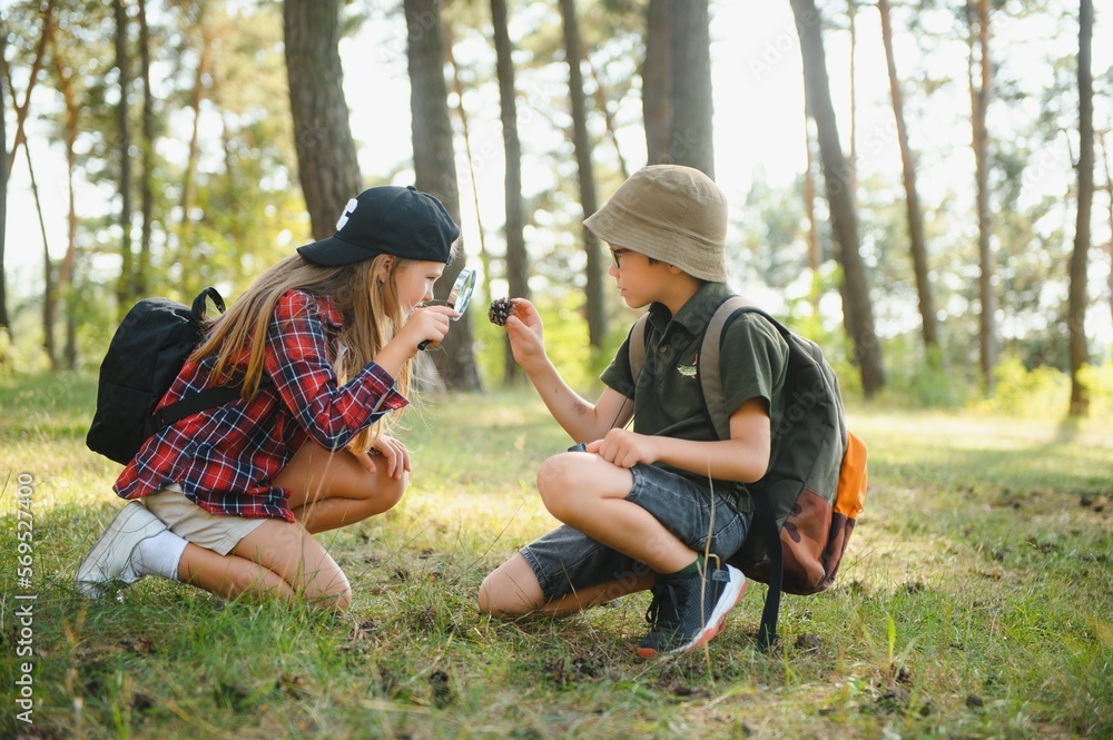 Kids exploring nature with magnifying glass. Summer activity for ...