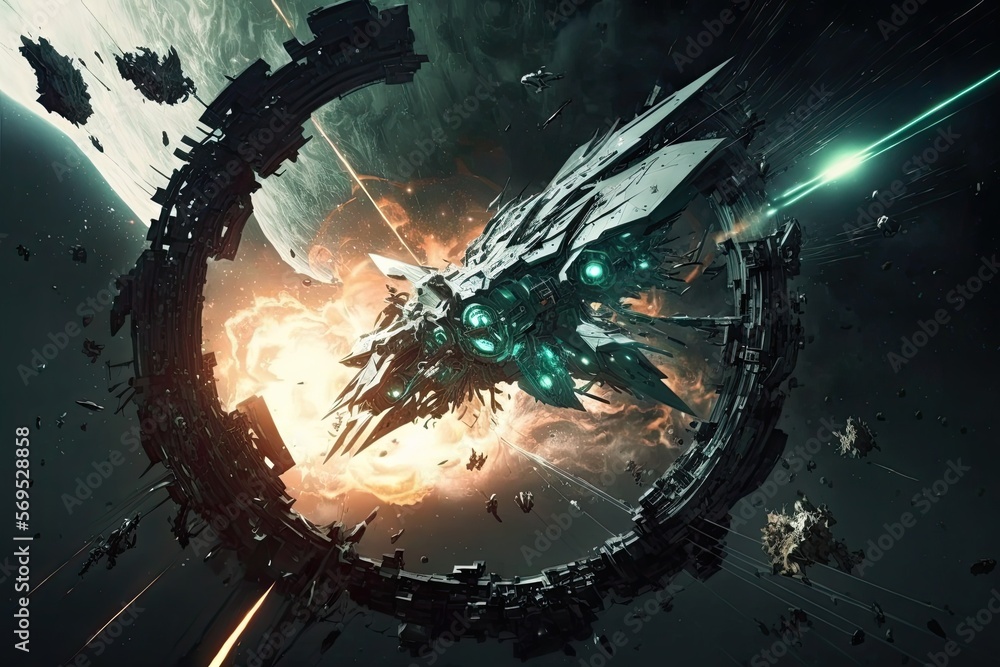 extremely crowded spaceship battle scene near a space-warping black ...