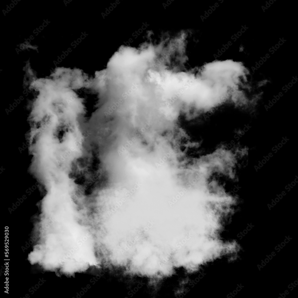 Abstract white puffs of smoke swirls overlay on black background ...