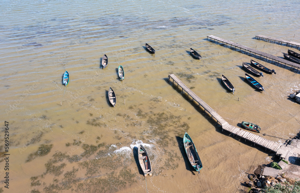 Aerial view of Sarichioi harbour at Razim lake from Dobrogea, Romania ...