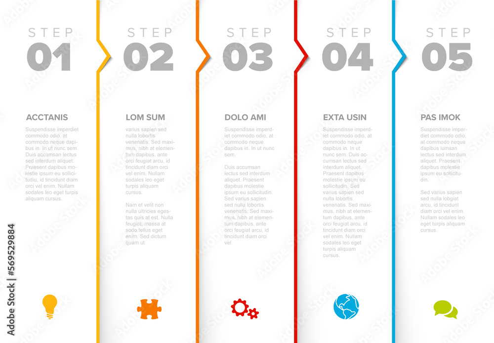 Five white steps progress page template with color borders, arrows and ...