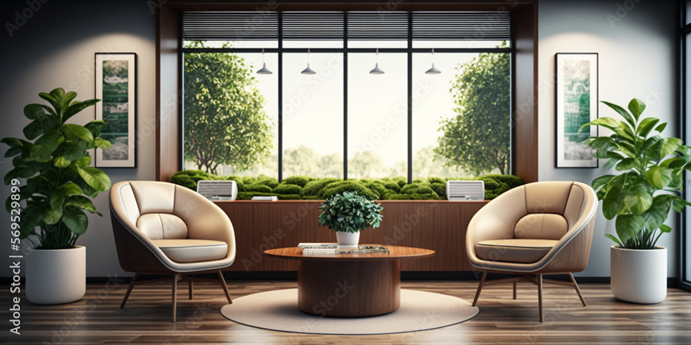 ภาพประกอบสต็อก waiting room of an empty office, two armchairs, coffee ...