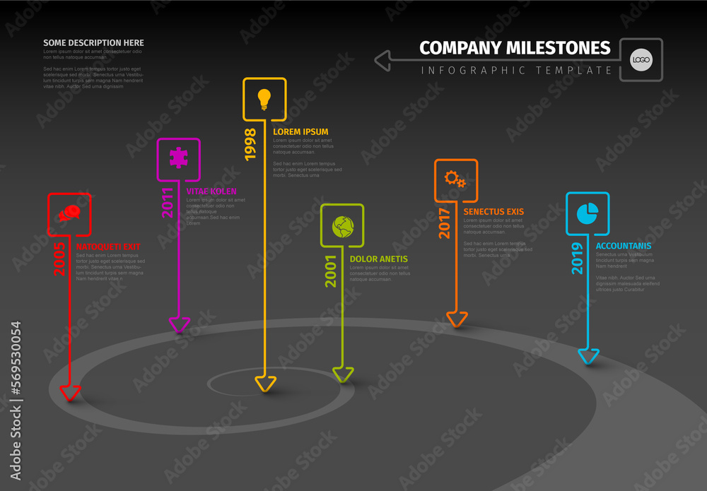 Evolution timeline template with spiral model and icons - dark version ...