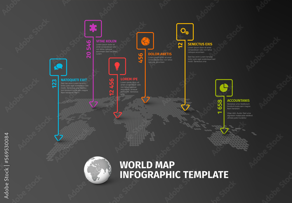 Dark world map infographic template with thin line square pointer marks Stock Template | Adobe Stock