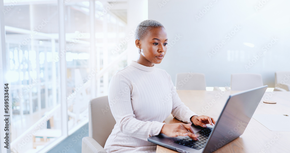 Laptop, business and black woman typing in office workplace. Planning ...
