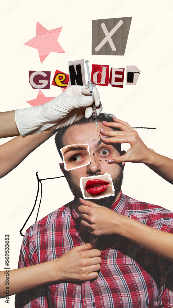 Contemporary art collage. Gender X. Man taking care after face, doing ...