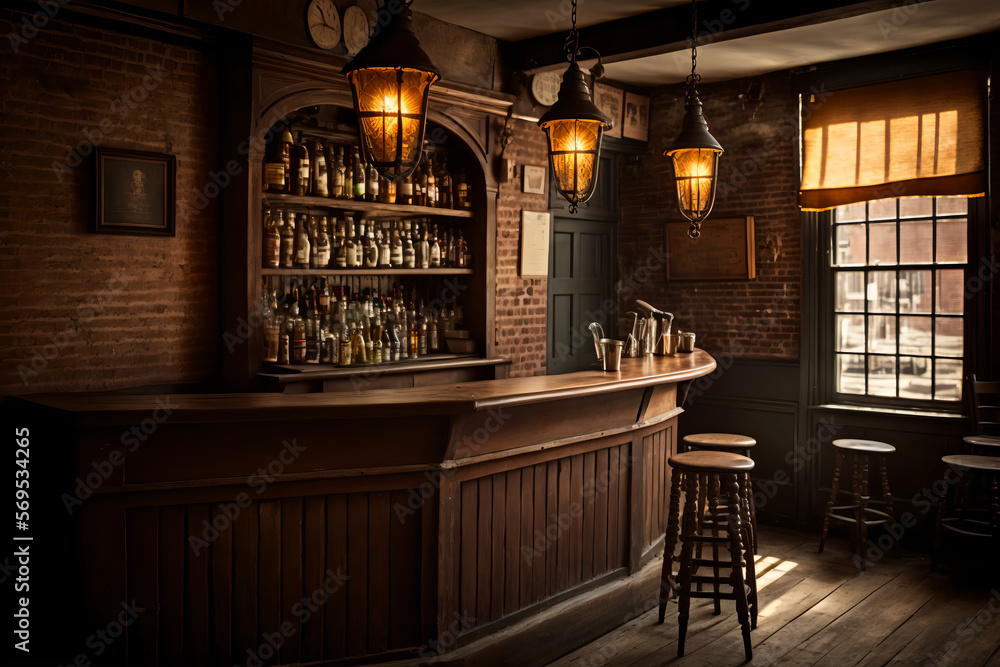 A vintage New York pub. The details of the wooden bar, old-fashioned ...