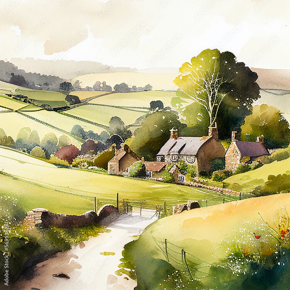 English Countryside Watercolour Landscape Green Yellow Tree Grass Field ...
