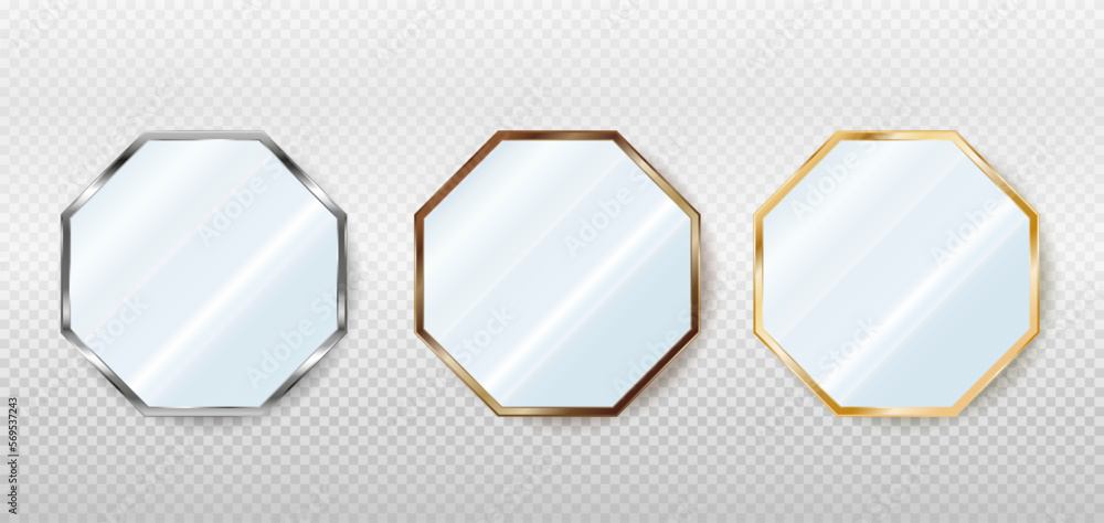 Realistic octagonal mirrors in metal, bronze and gold frames ...