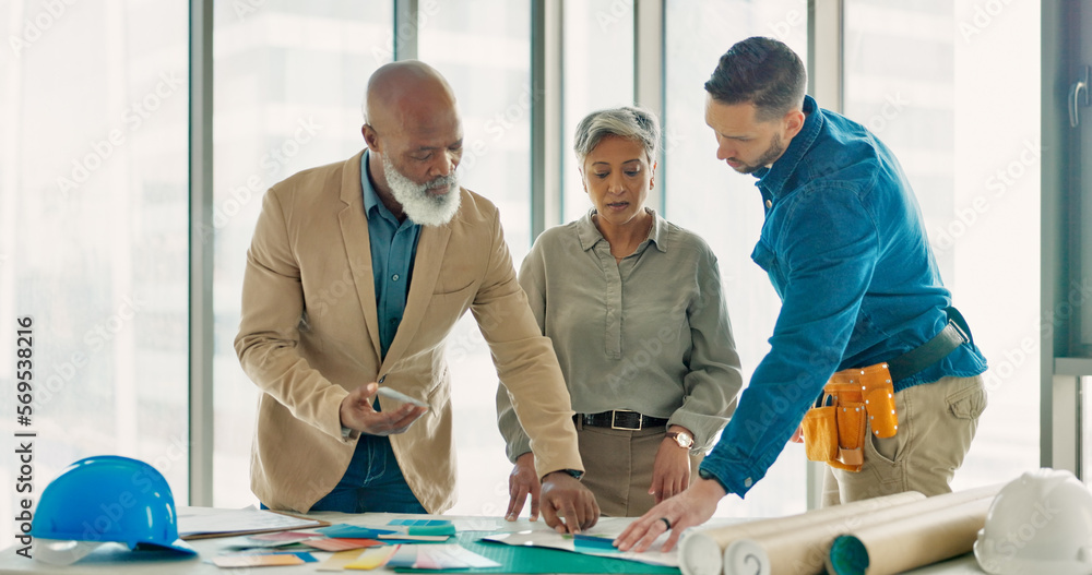 Architecture teamwork, blueprint and color choice in modern office for ...