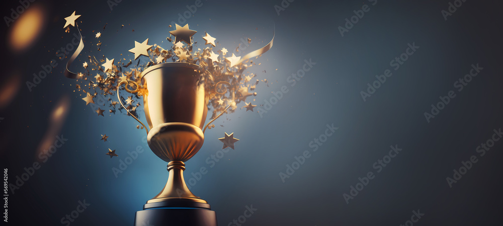 Banner Champion golden trophy with gold stars on blue dark background ...