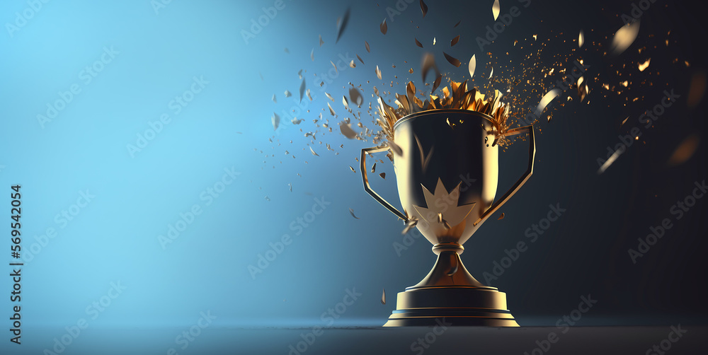 Banner Champion golden trophy with gold stars on blue dark background ...