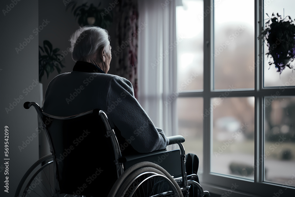 Lonely and sad elderly person in wheelchair in home nursing looking out ...