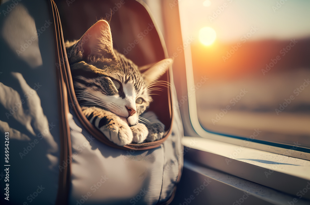 Happy traveler cat in bag transportation in airplane and train ...