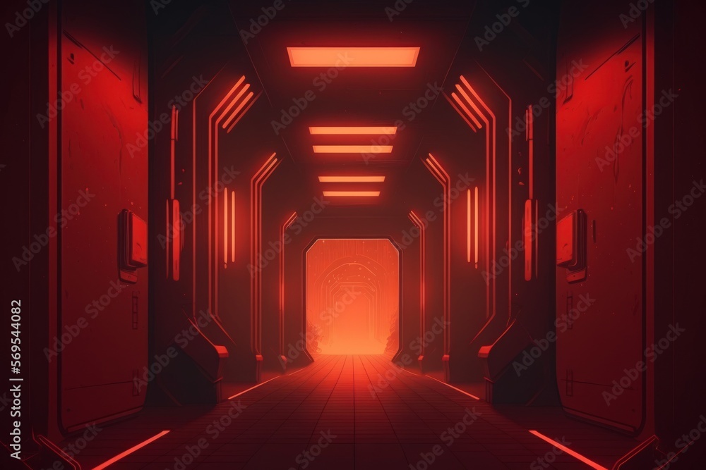 An illustration of a gloomy, futuristic corridor with a red light ...