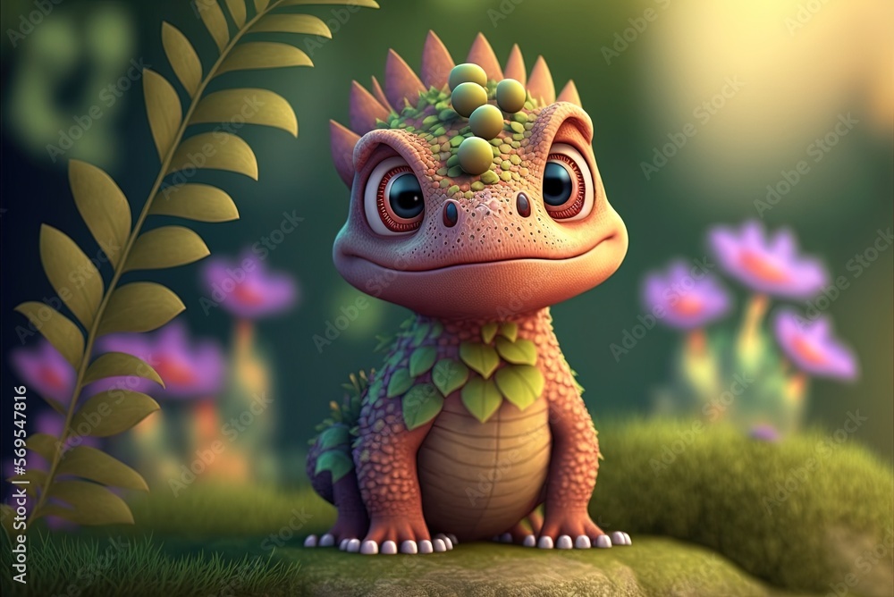 Children-friendly fantasy cartoon illustration of a young dragon lizard ...