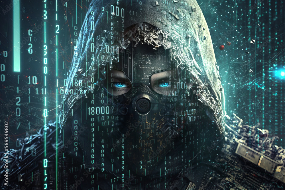 Anonymous hacker with hood and mask inside of data center ...
