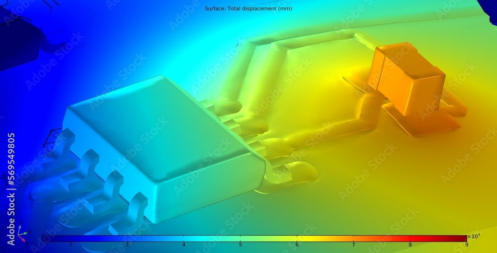 3d illustration. Deformation of the pcb conductors and displacement of ...