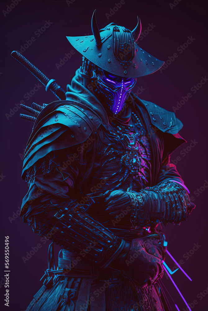 Cyberpunk samurai, neon blue and purple color palette, dynamic pose ...