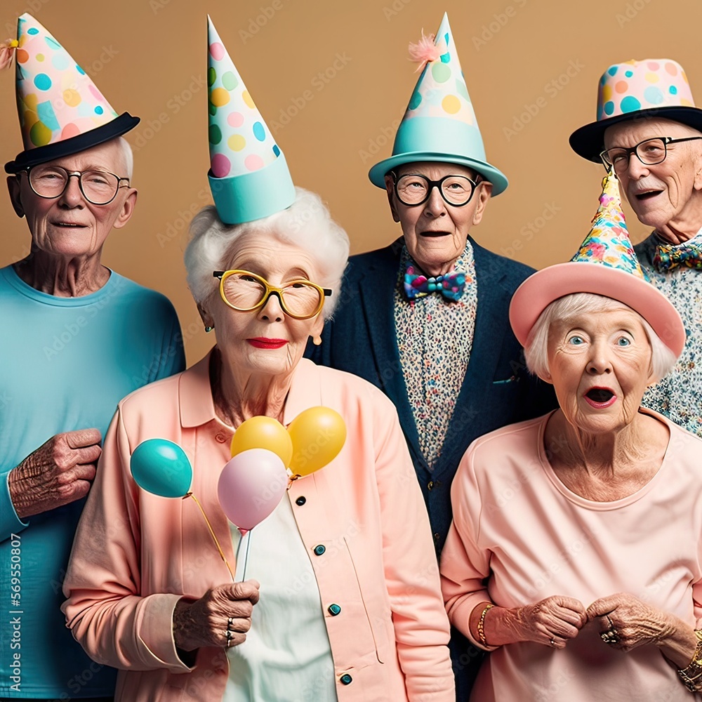 Crazy birthday party for older people, grandparents. Pensioners with ...