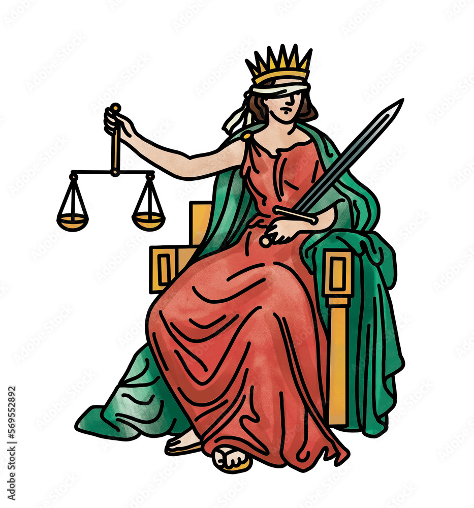 Themis drawing hand colored red, lady Justice or Justitia with scale ...