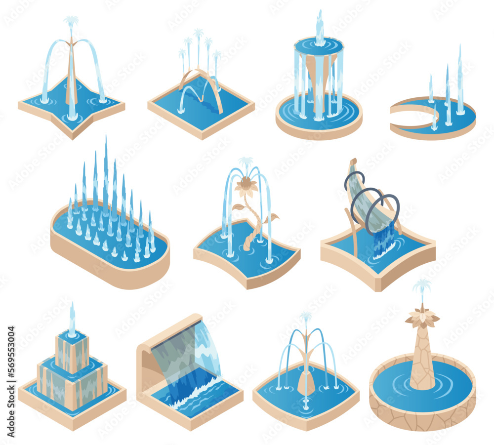 Isometric fountain set for outdoor park. Icon collection. Modern ...