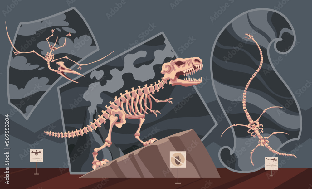 Paleontological museum interior. Exhibition with prehistoric dinosaur ...