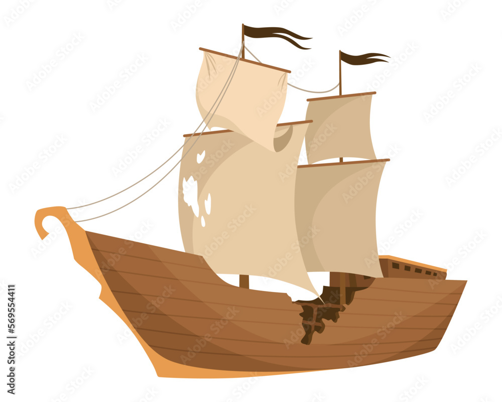 Broken ship icon. Cartoon wooden battered ship with tattered flag and ...