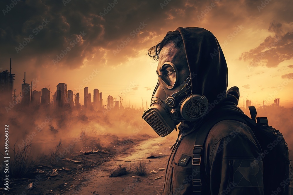 man using a gas mask in a post apocalyptic city in a desert, heavy ...