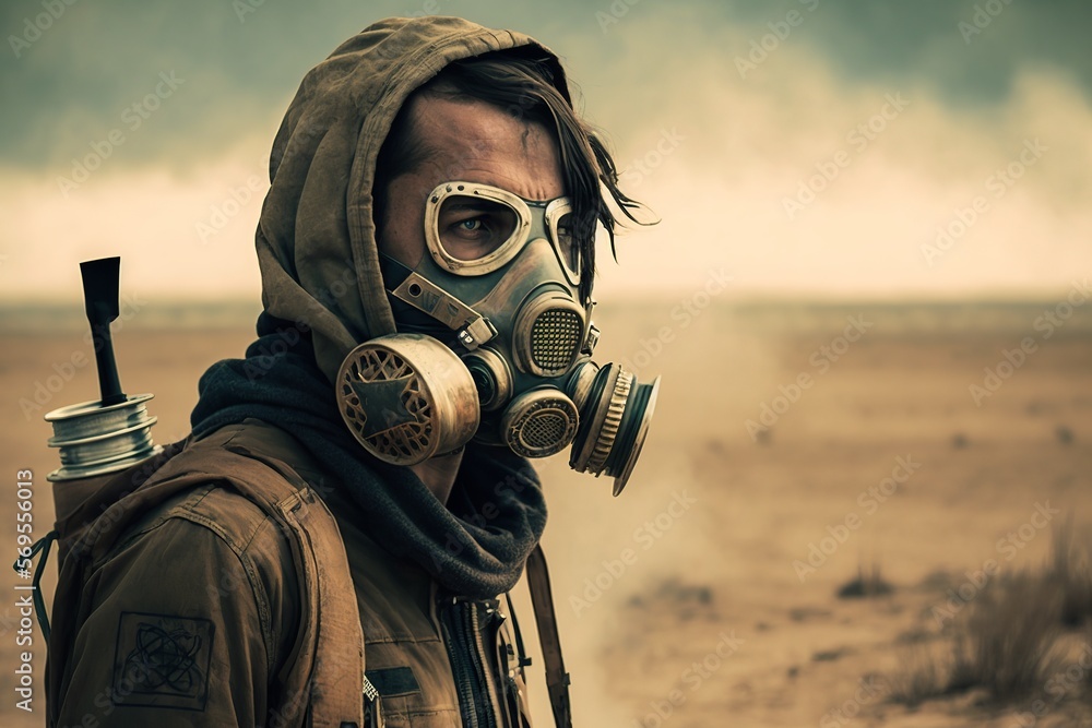 man using a gas mask in a post apocalyptic city in a desert, heavy ...