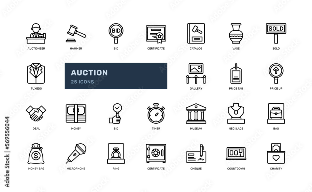 Vetor de Auction icons set with detailed outline line illustrations of ...