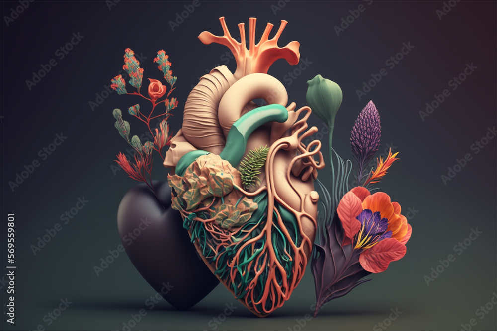 Cœur humain avec des fleurs, concept d'amour et d'émotion, personne au ...