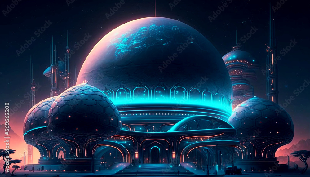 a futuristic city with a giant blue dome, a detailed architecture ...