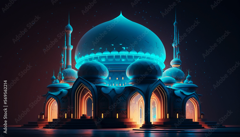 an artistic mosque with blue domes, volumetric lighting, glowing lights ...