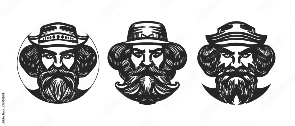 Vector set of male hairy, bearded heads in hats. Icons, stickers or ...
