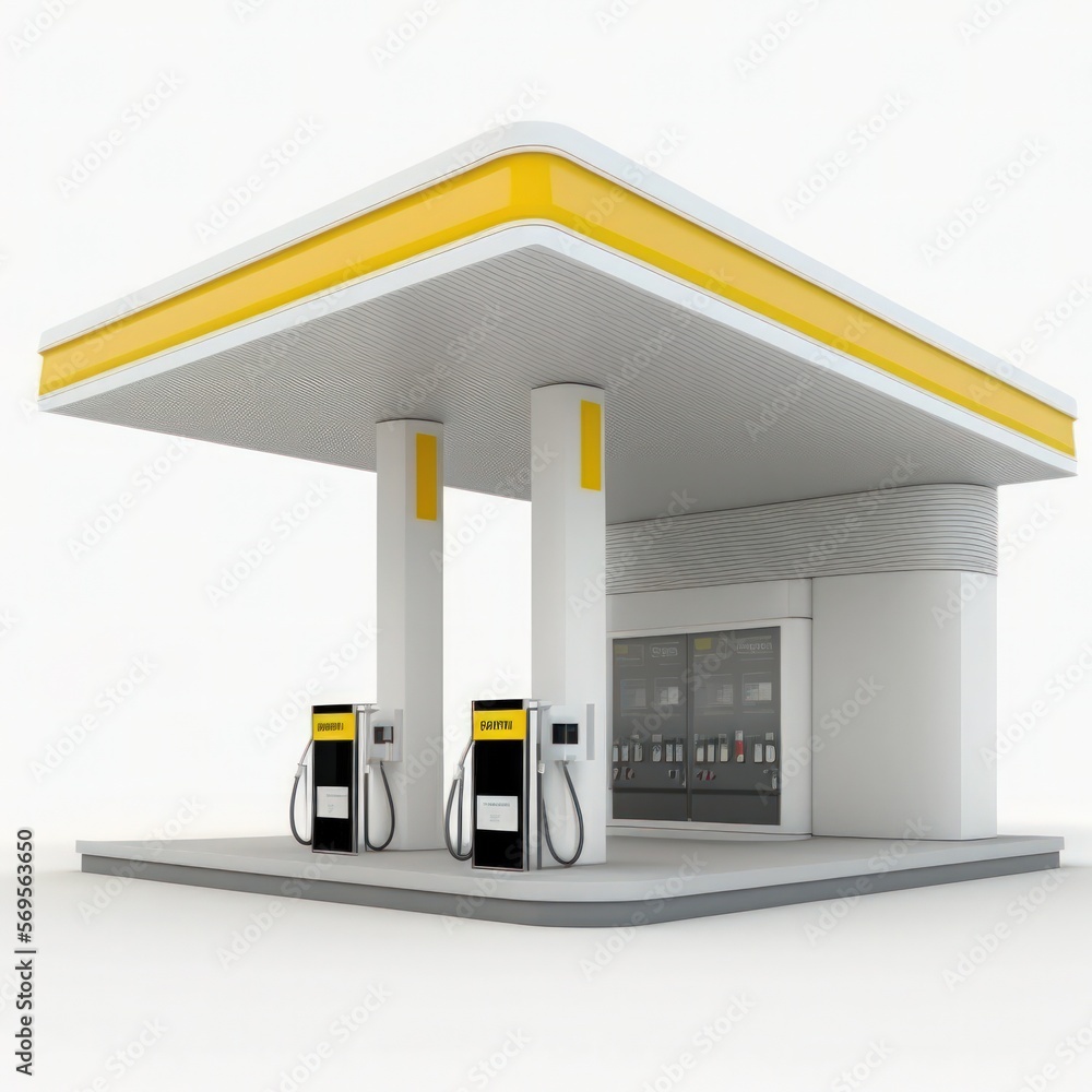 Detailed illustration of a modern gas station exterior with store kiosk ...