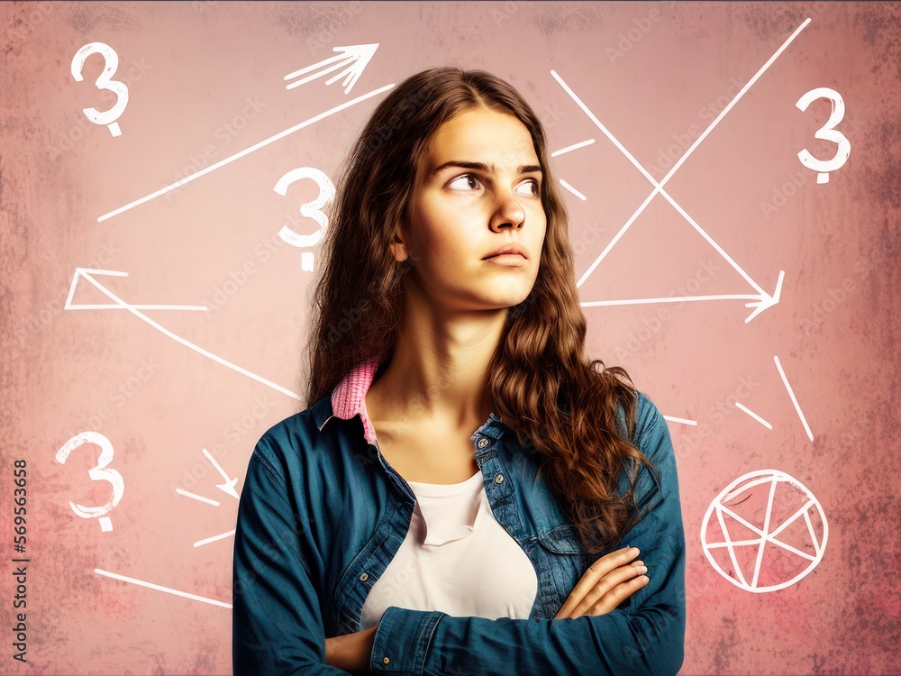 Candid stylized portrait of a young beautiful pensive woman pondering a ...