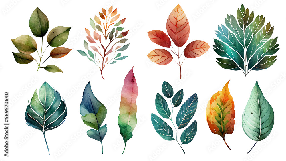 Colorful botanical leaves motifs isolated on transparent PNG background ...